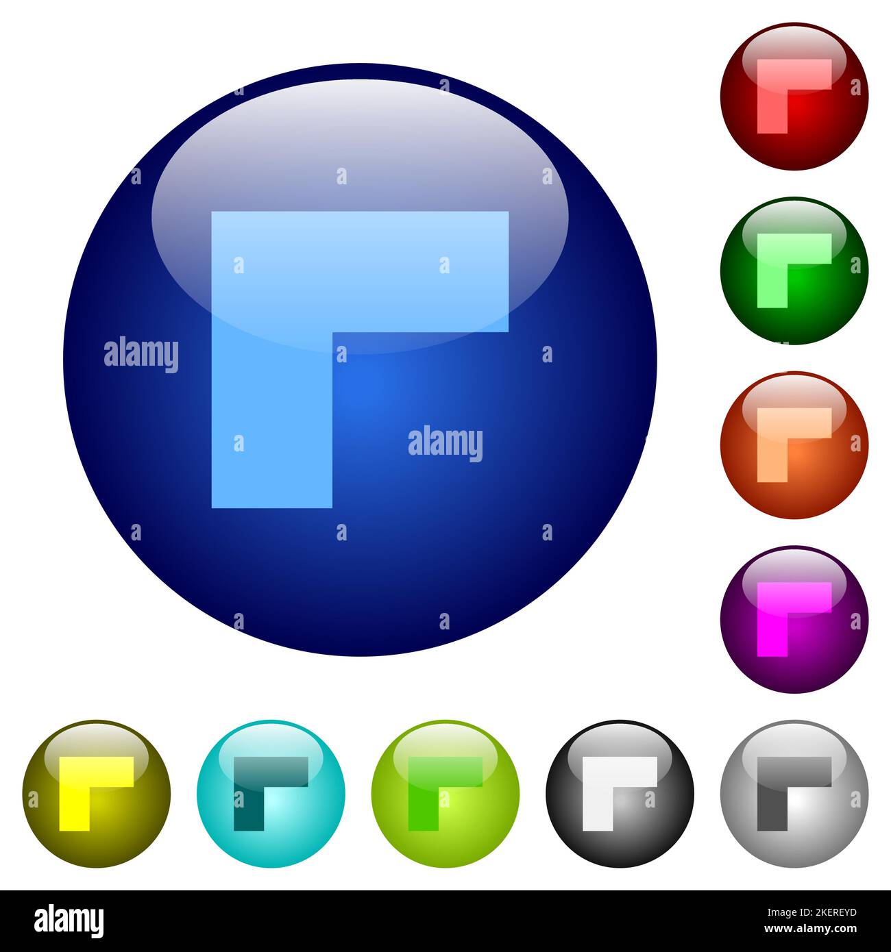 Top left 90 degrees angle arrow solid icons on round glass buttons in multiple colors. Arranged ...