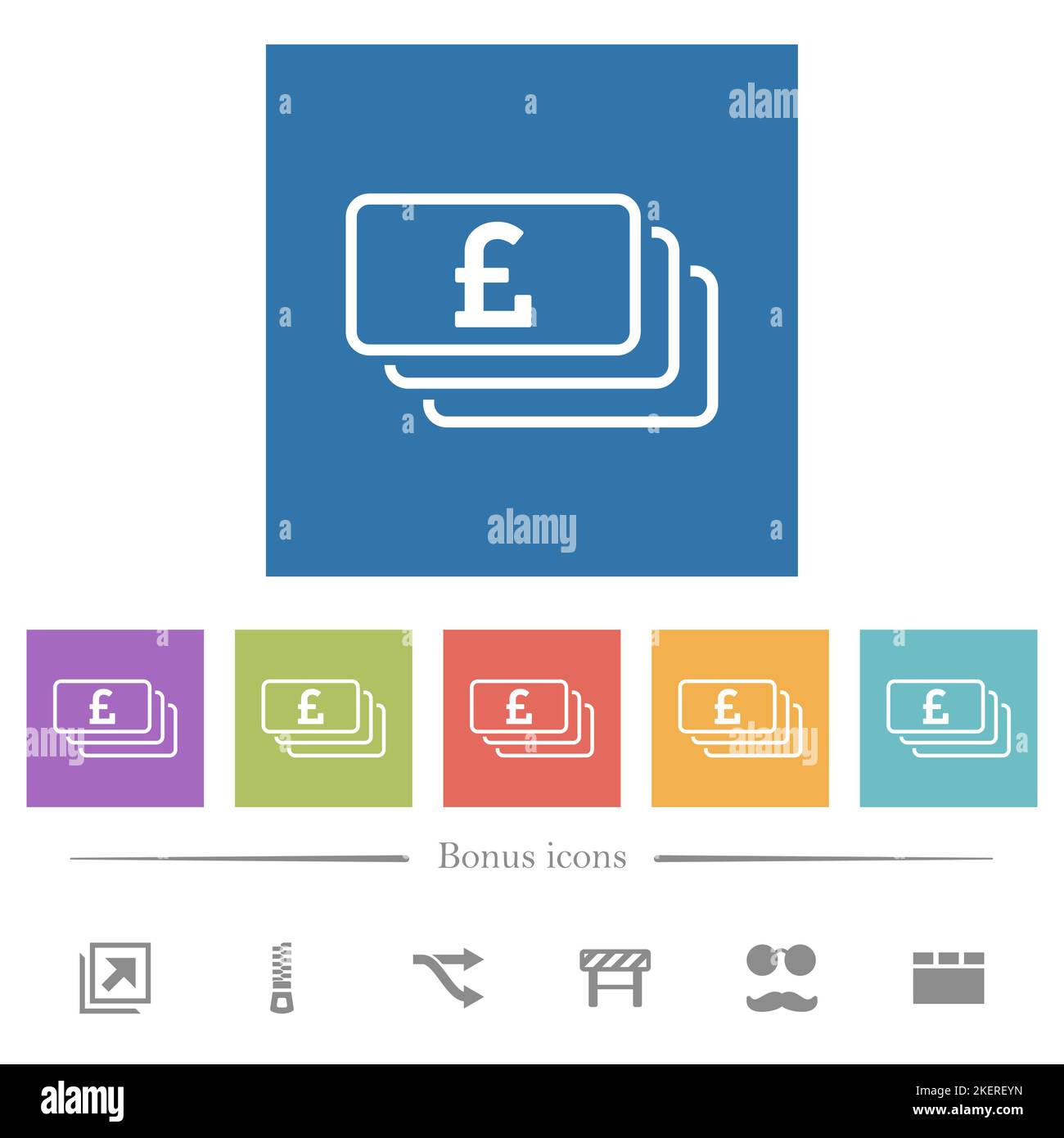English Pound banknotes outline flat white icons in square backgrounds ...