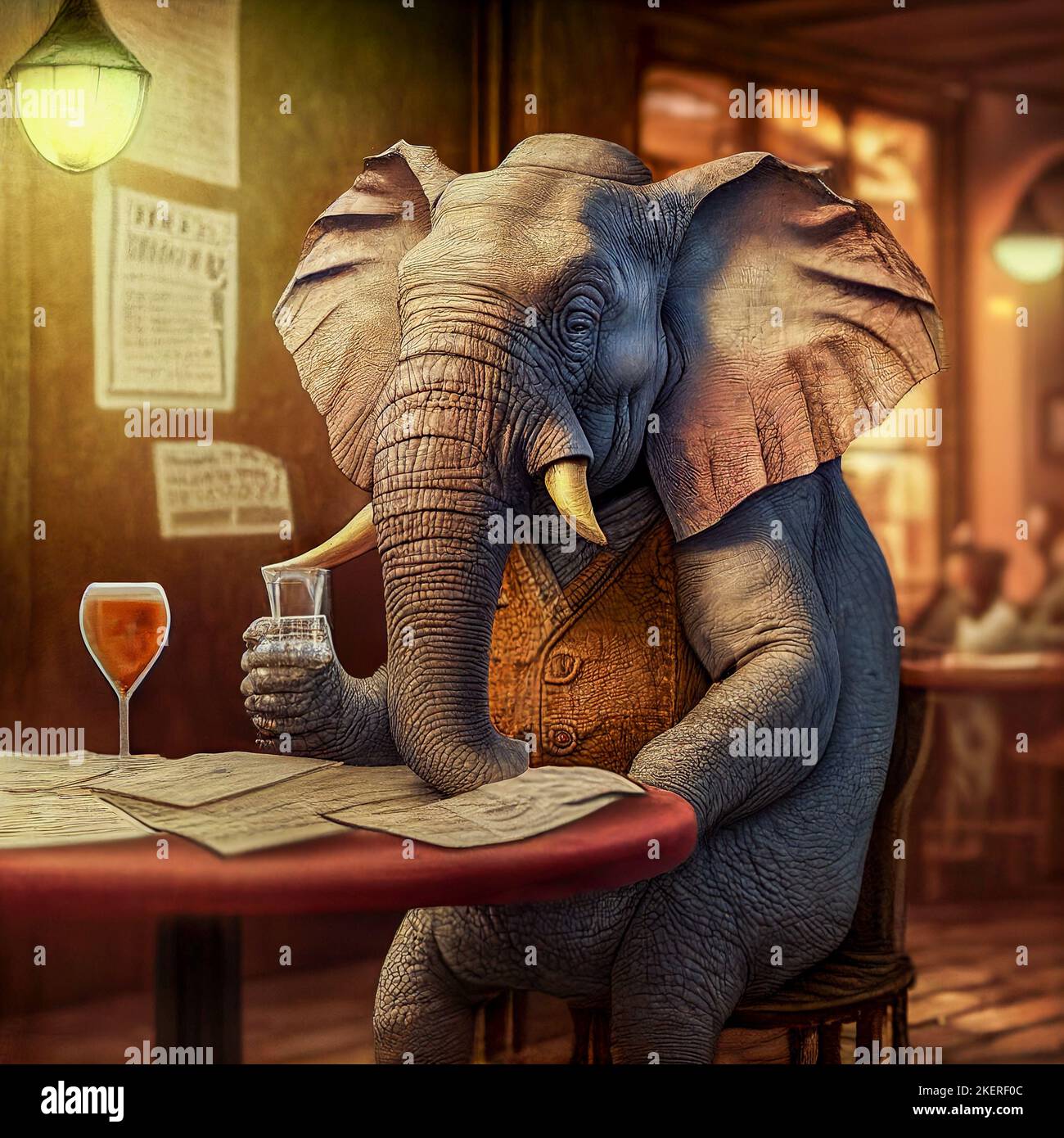Elephant in a bar reading the newspaper illustration Stock Photo - Alamy