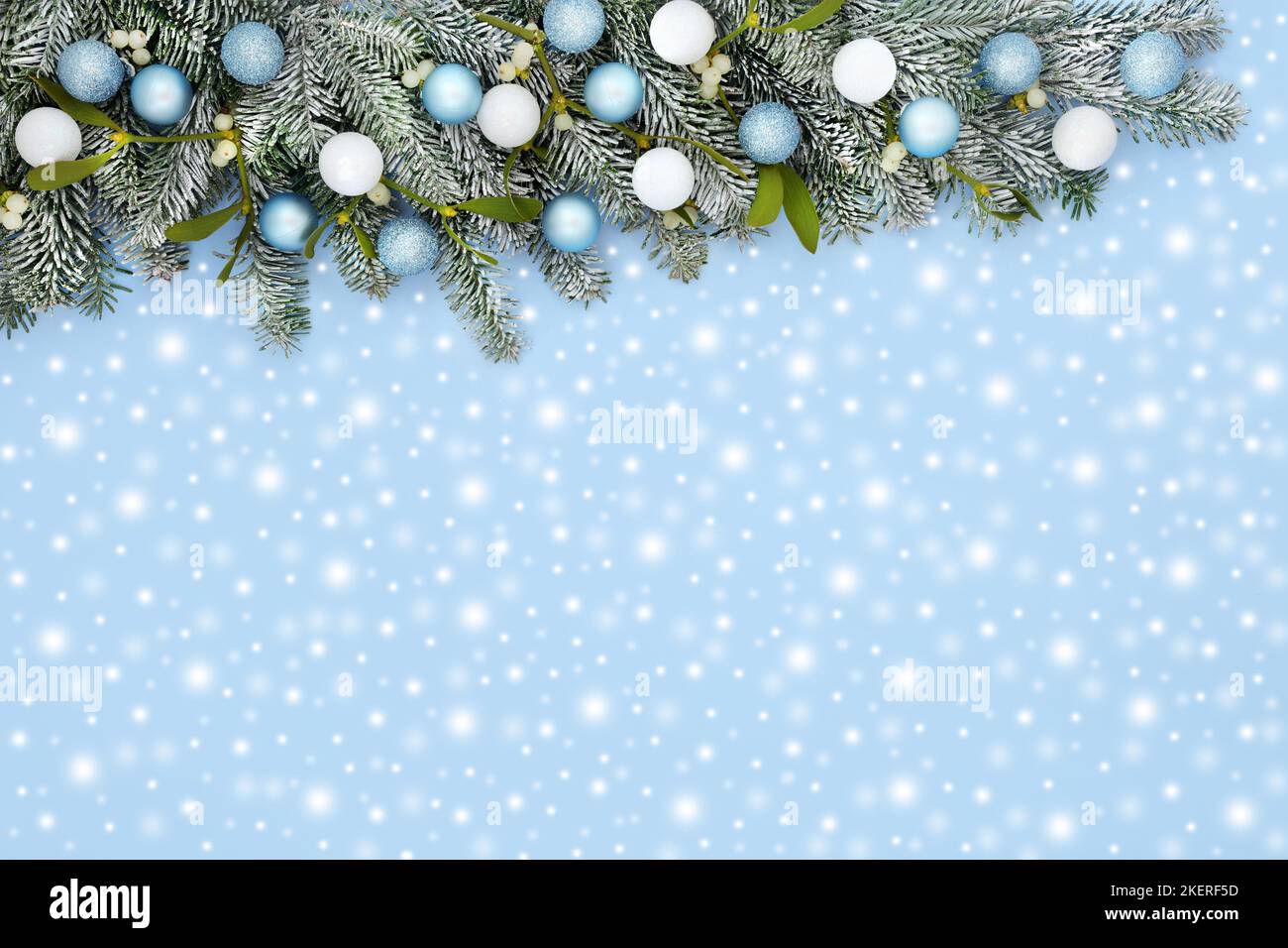 Christmas snow fir mistletoe tree bauble background border on pastel ...