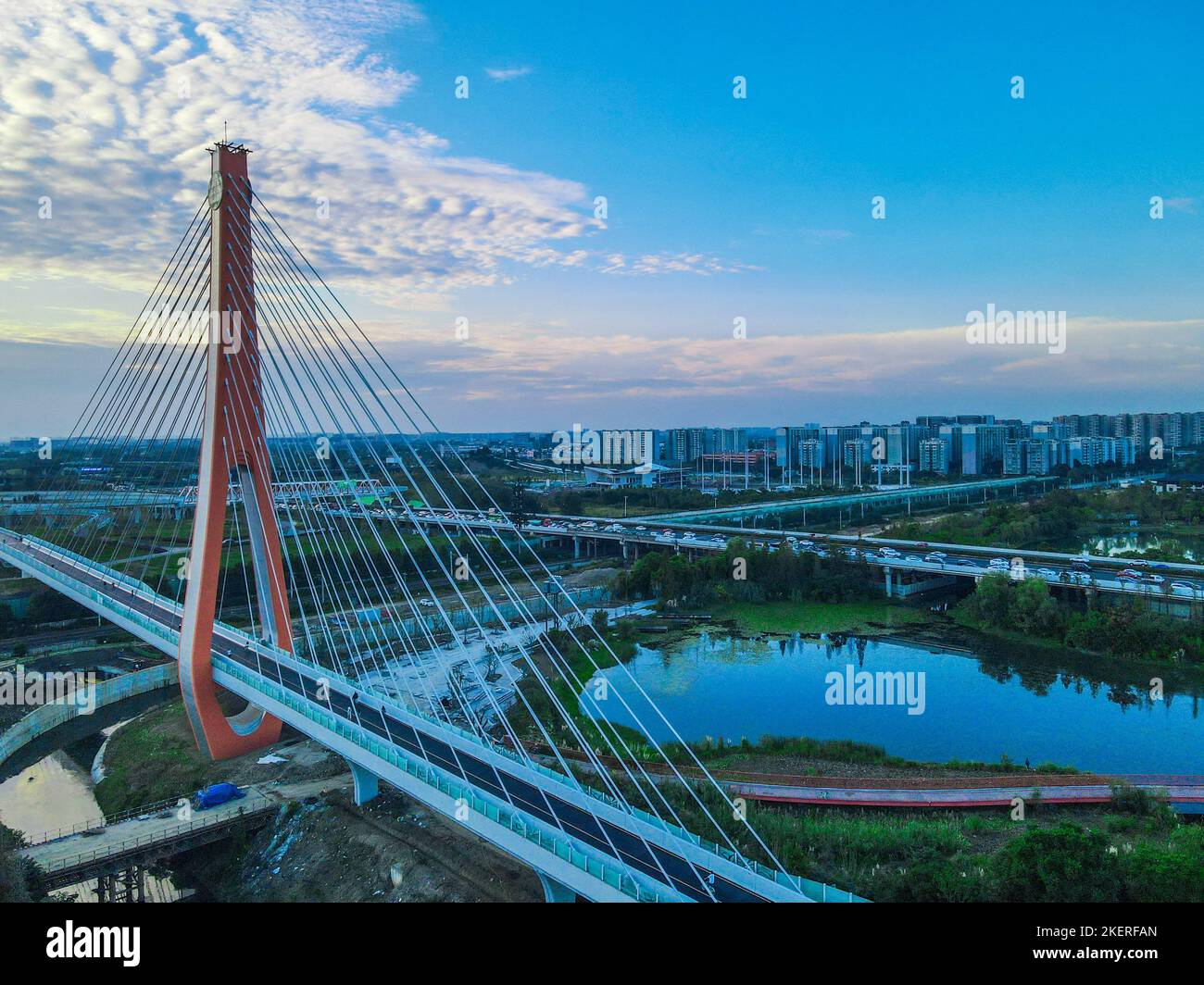Aerial photos show the Chengkun Bridge which is the largest pedestrian ...