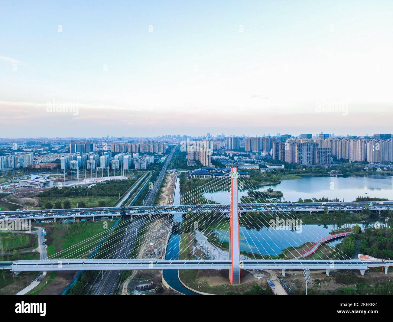 Aerial photos show the Chengkun Bridge which is the largest pedestrian ...