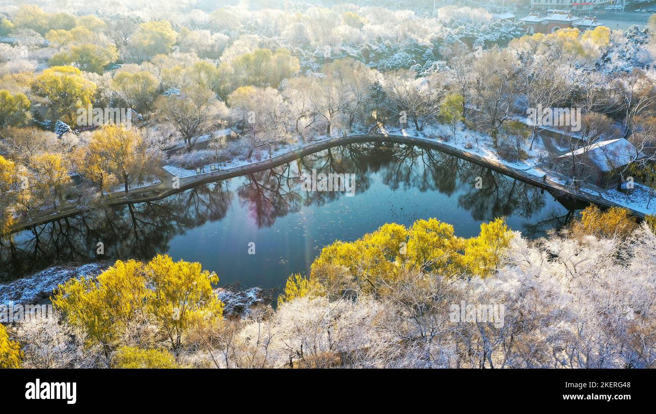 Aerial photo shows the beautiful scenery of Beiling Park after snow in ...