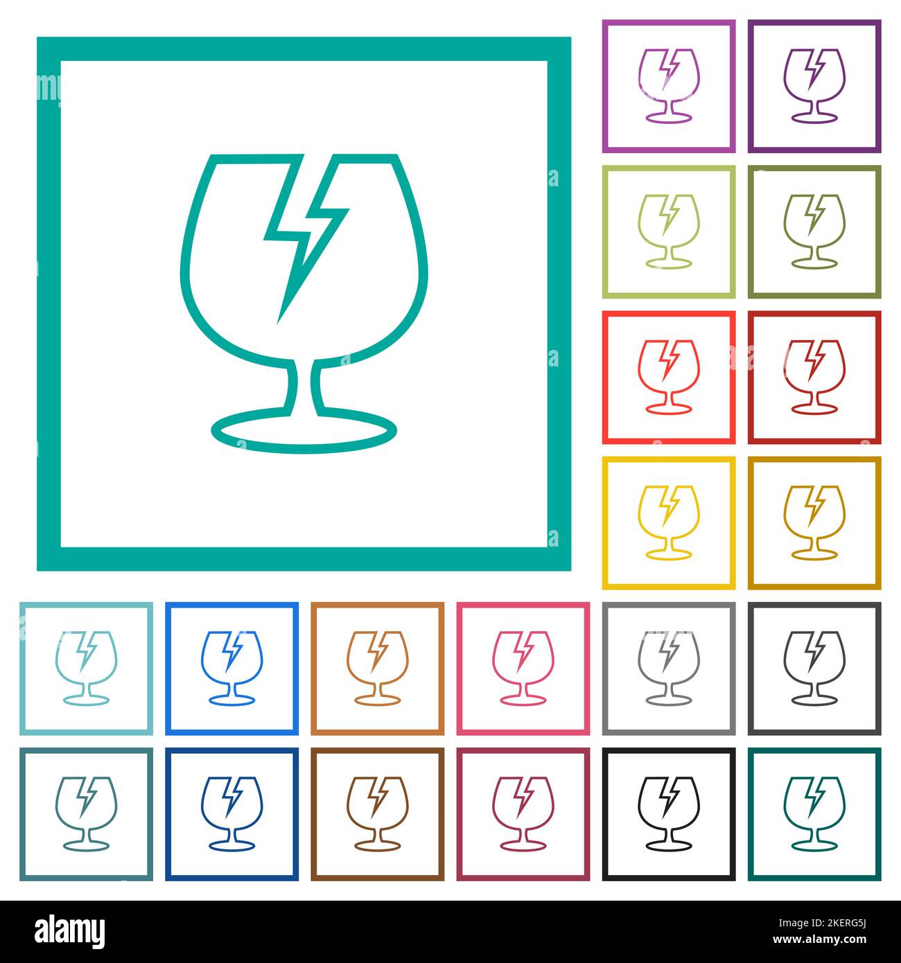 Fragile symbol outline flat color icons with quadrant frames on white ...