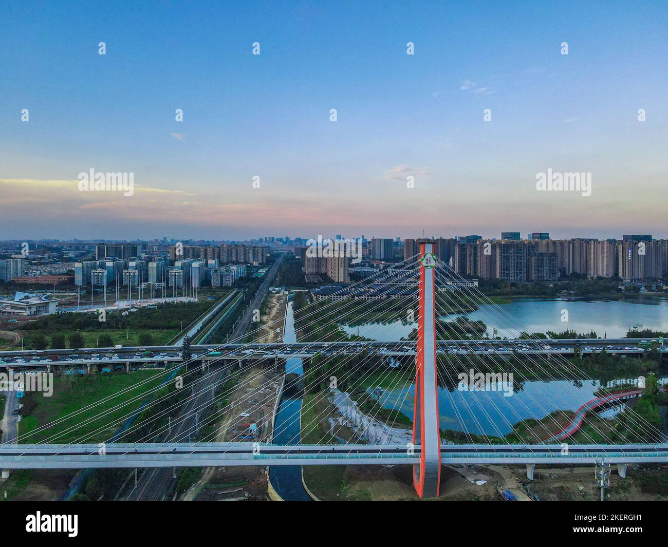 Aerial photos show the Chengkun Bridge which is the largest pedestrian ...