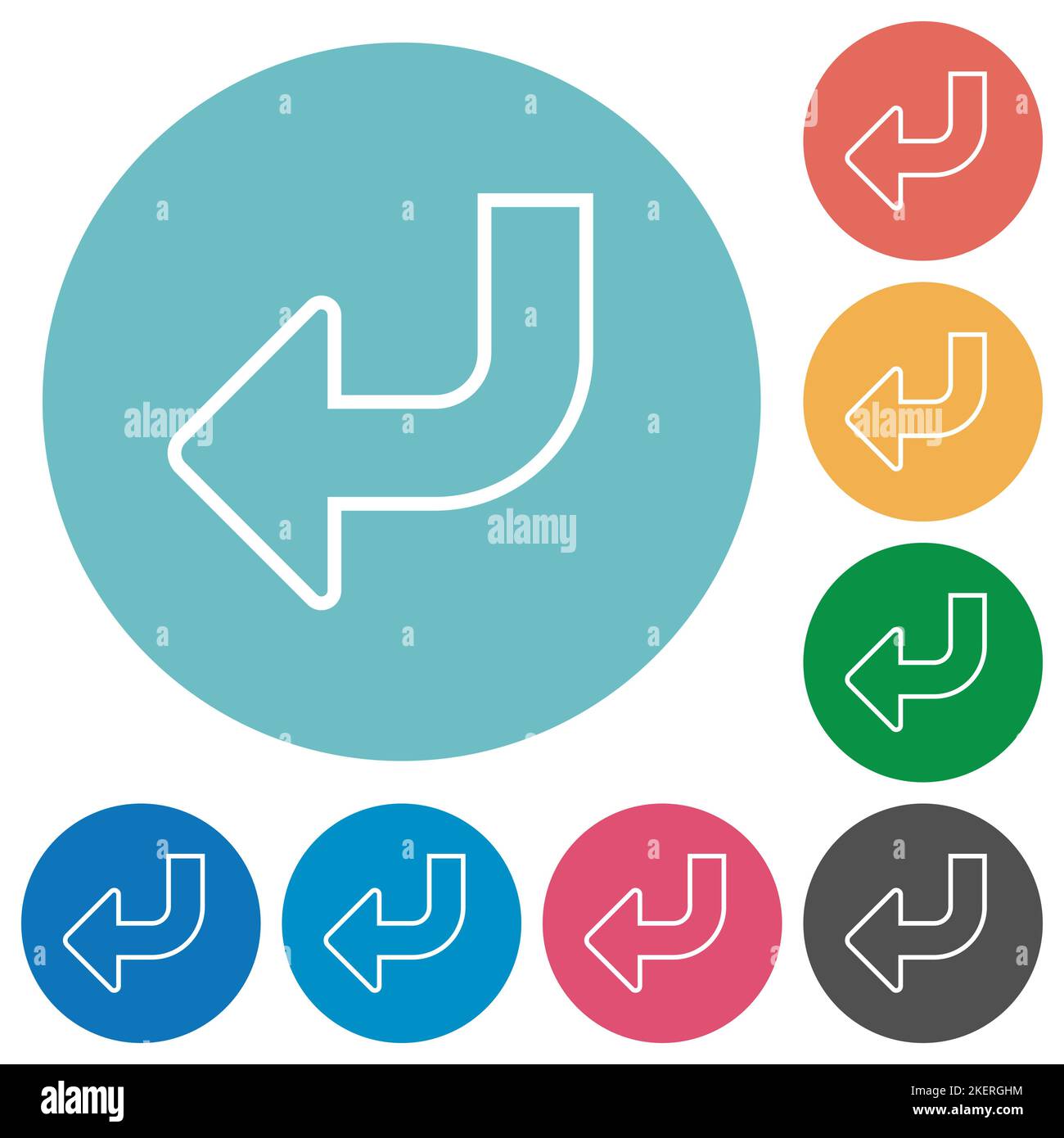 Bottom left side turn arrow solid flat white icons on round color ...