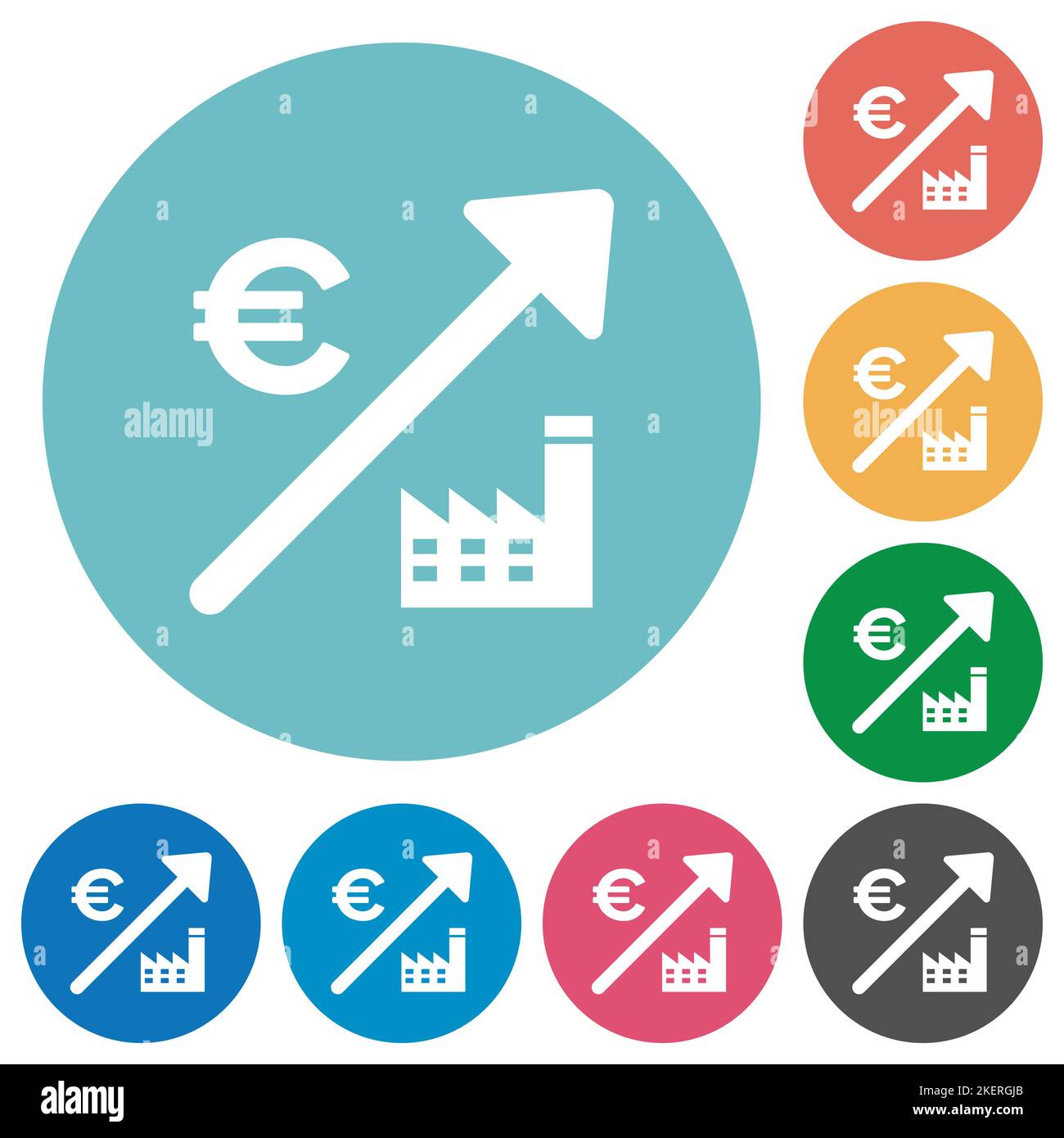 Rising power plant european Euro prices flat white icons on round color ...