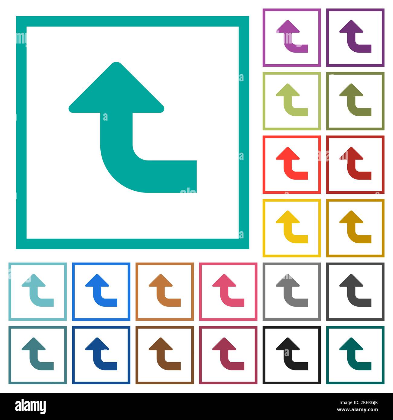 Left top side turn arrow solid flat color icons with quadrant frames on white background Stock ...