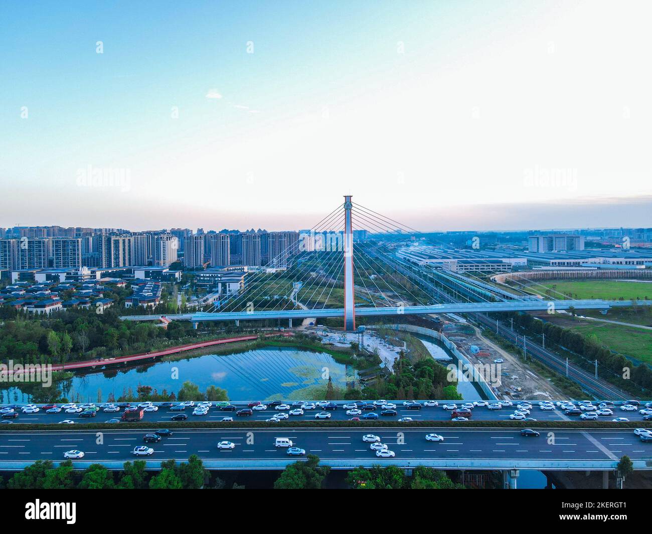 Aerial photos show the Chengkun Bridge which is the largest pedestrian ...