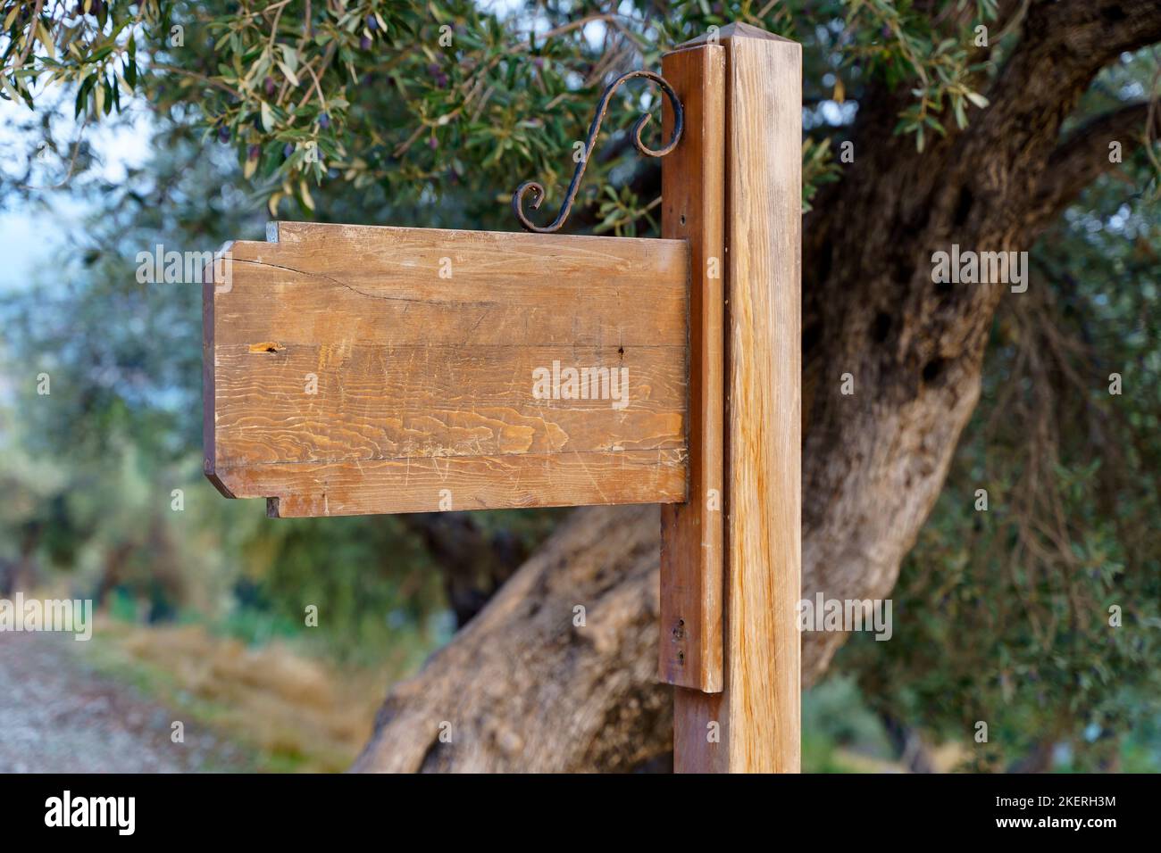 Blank signpost board. Old empty wooden information guidepost on the way ...