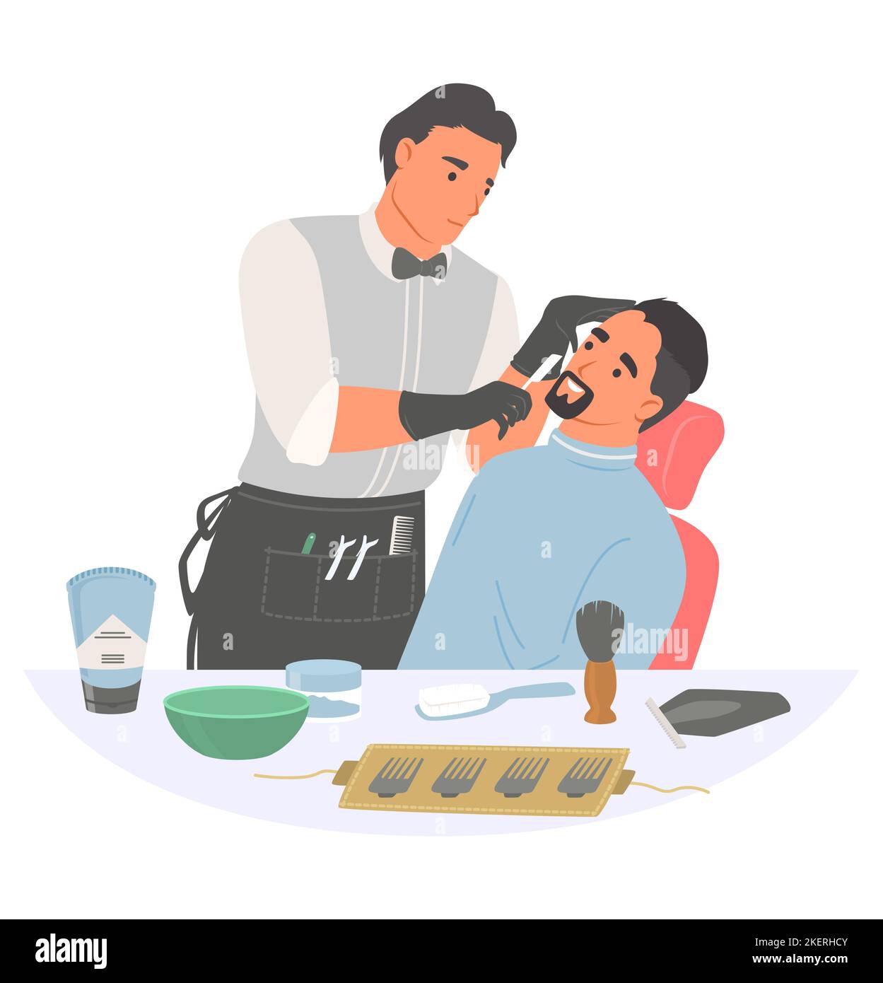 Barber shaving man beard at barbershop vector illustration isolated on ...