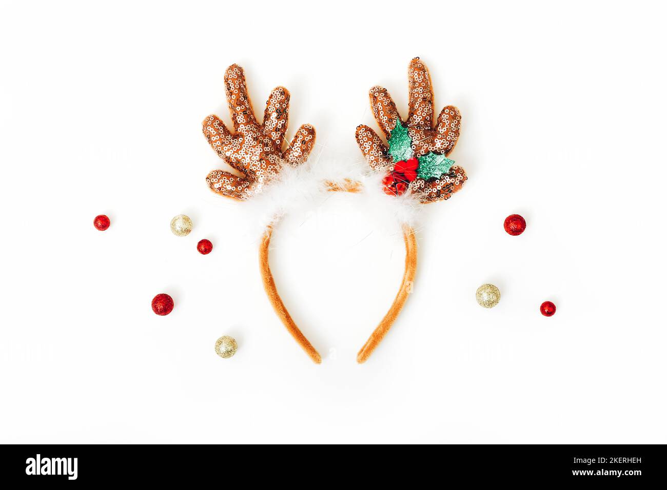 Christmas composition. Christmas headband and balls on white background ...
