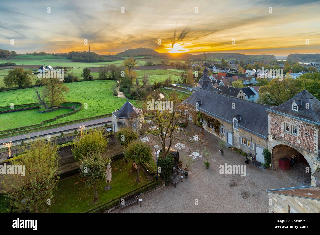 Jeker valley during a spectacular autumn sunrise with amazing sun beams ...