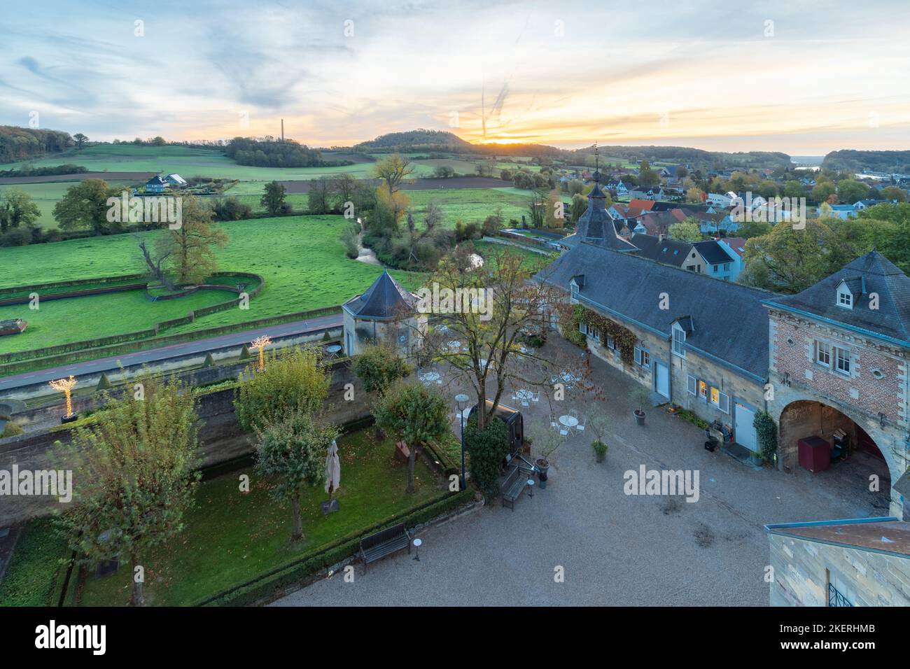 Jeker valley during a spectacular autumn sunrise with amazing sun beams ...