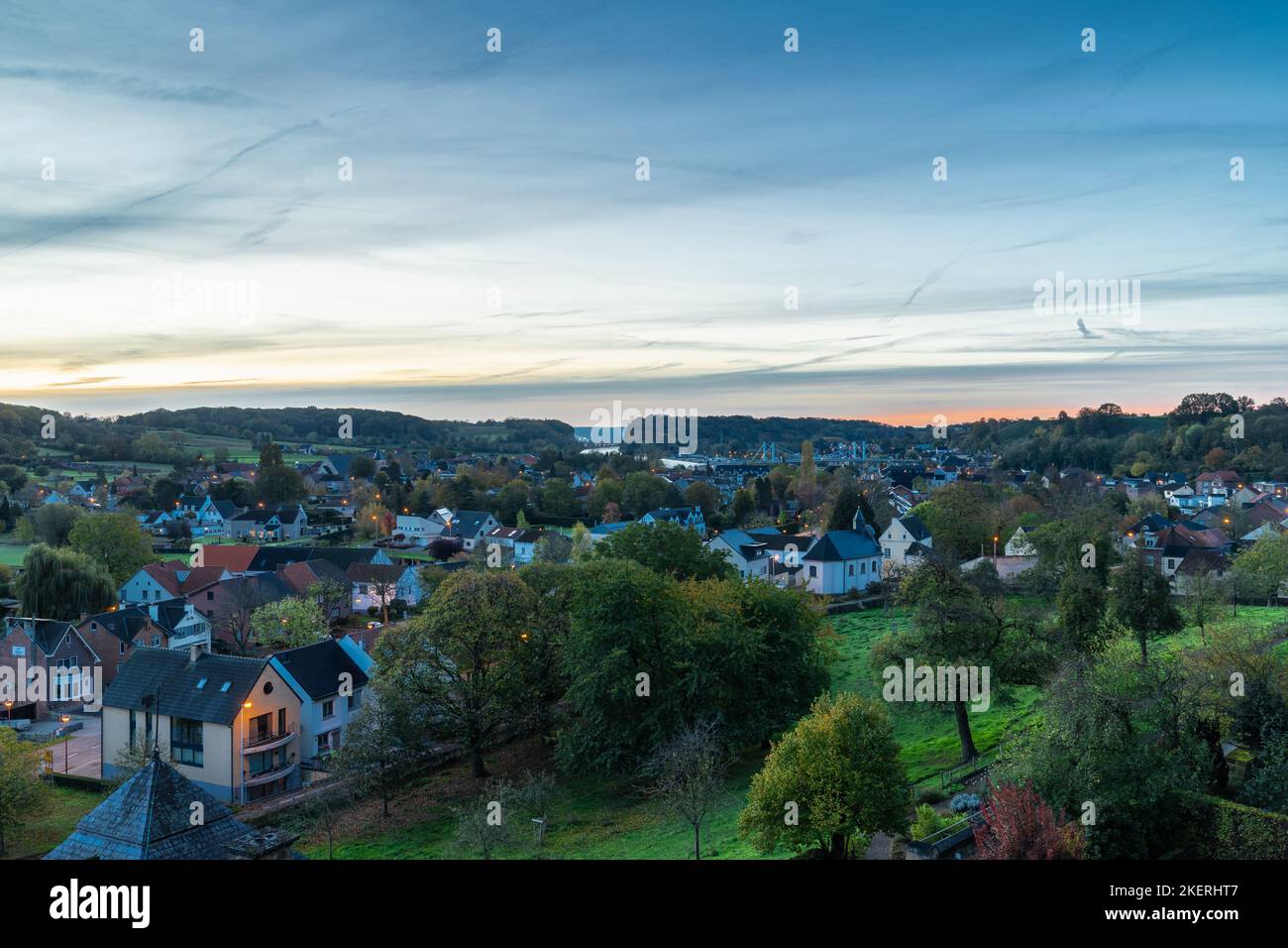 Jeker valley during a spectacular autumn sunrise with amazing sun beams ...