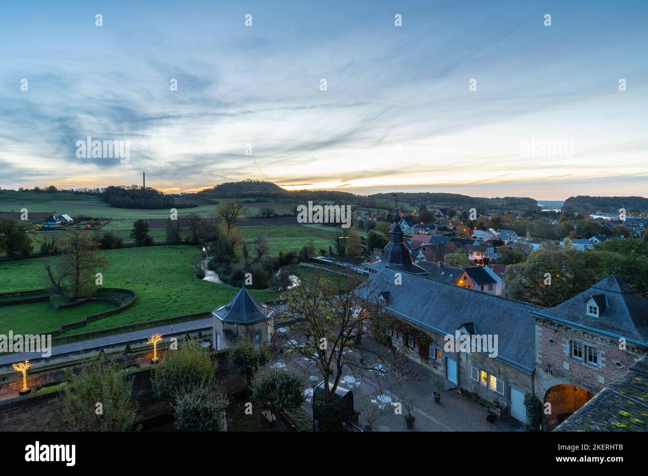 Jeker valley during a spectacular autumn sunrise with amazing sun beams ...
