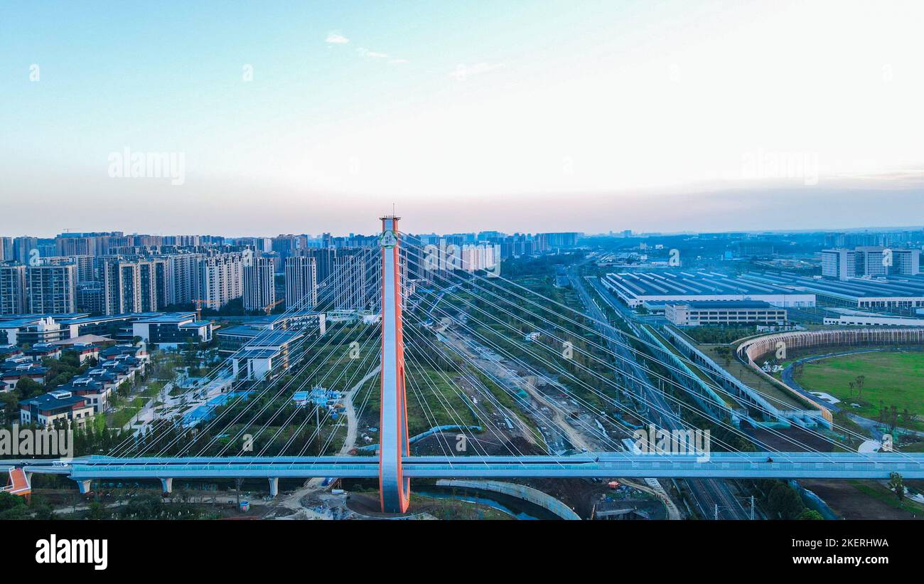 Aerial photos show the Chengkun Bridge which is the largest pedestrian ...
