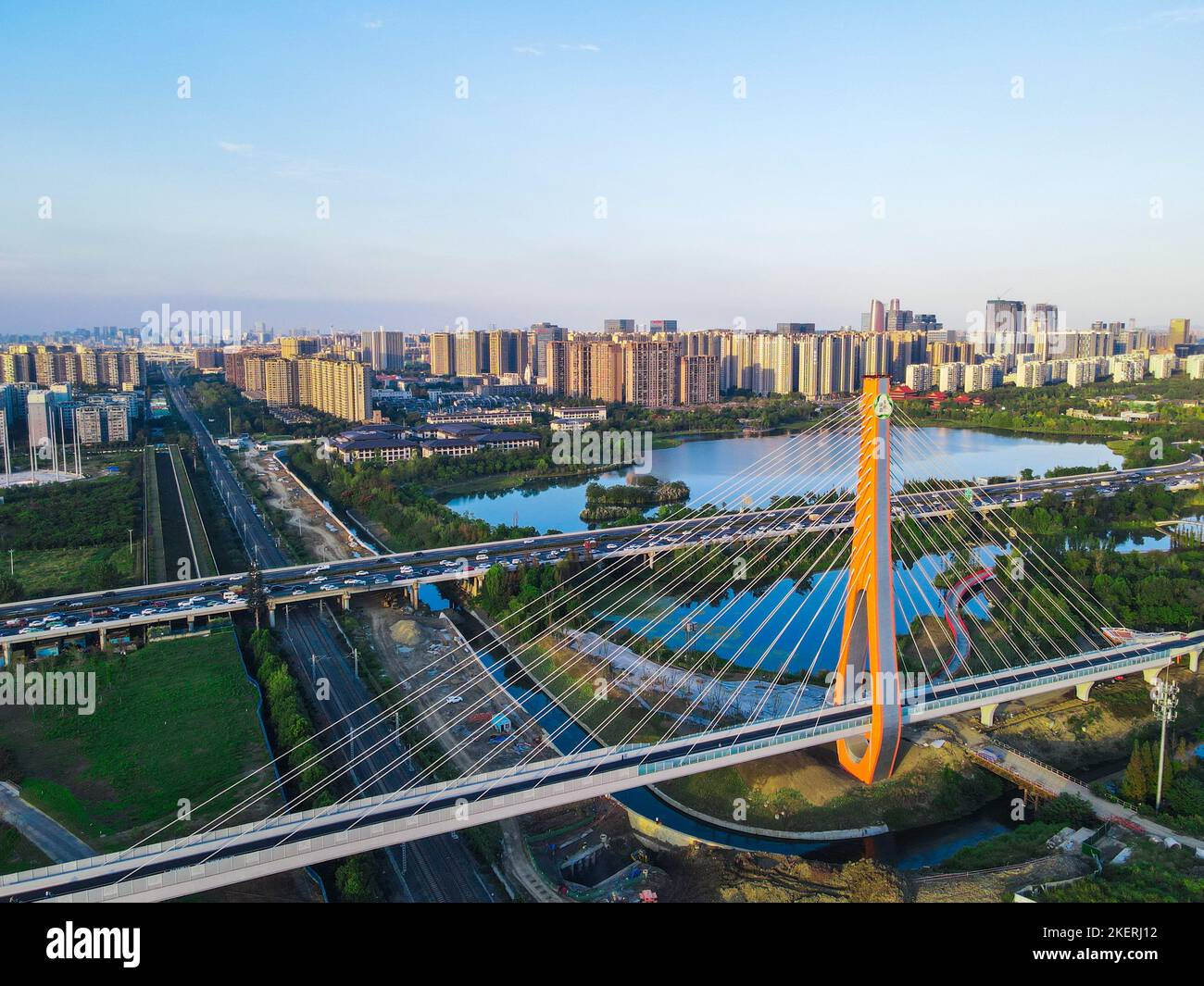 Aerial photos show the Chengkun Bridge which is the largest pedestrian ...