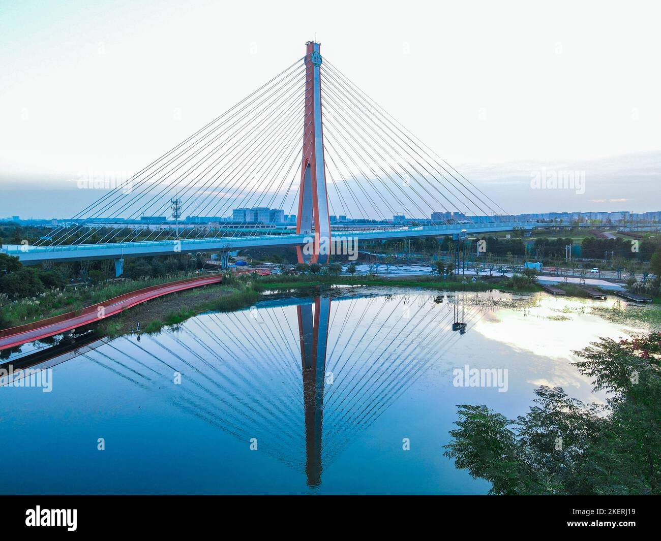 Aerial photos show the Chengkun Bridge which is the largest pedestrian ...
