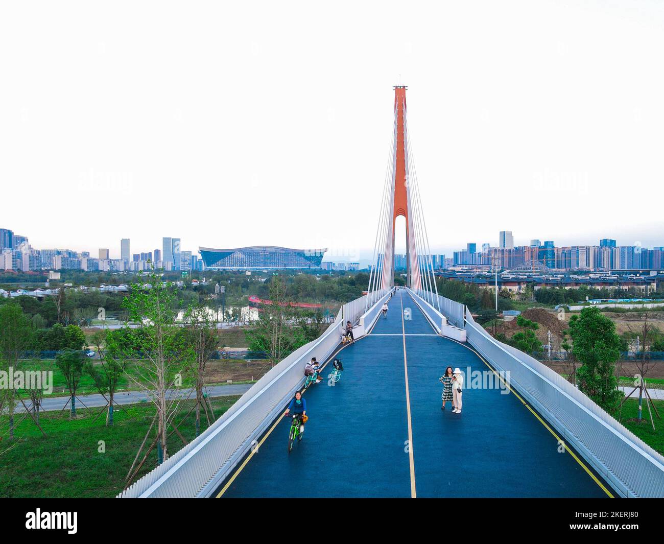 Aerial photos show the Chengkun Bridge which is the largest pedestrian ...