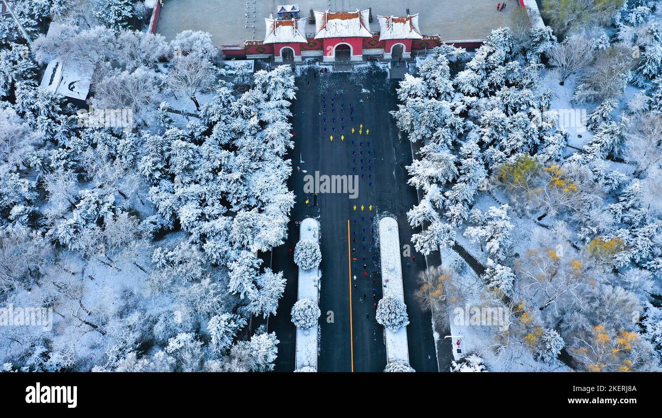 Aerial photo shows the beautiful scenery of Beiling Park after snow in ...