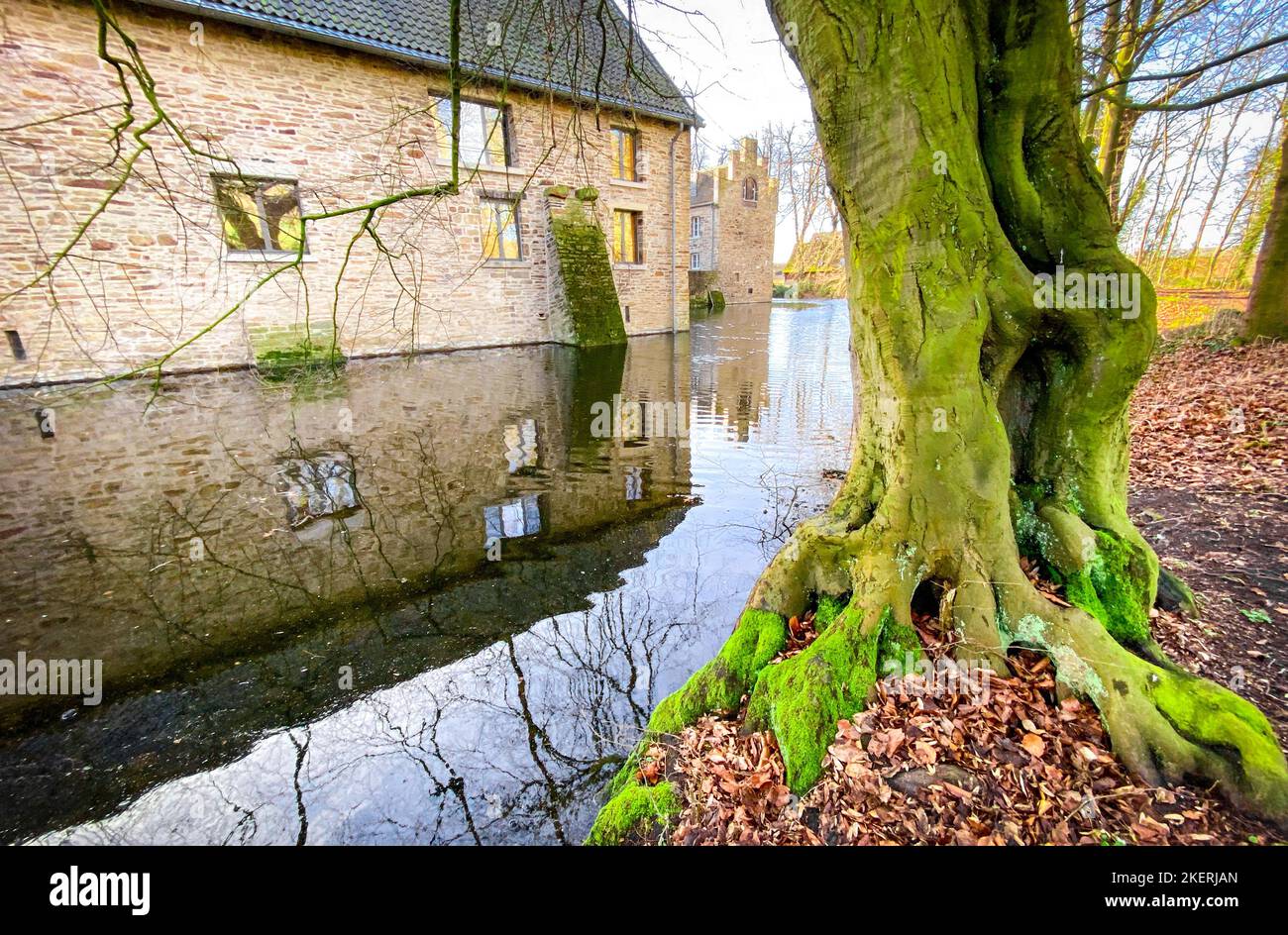 water castle with trees and reflections in water Stock Photo - Alamy