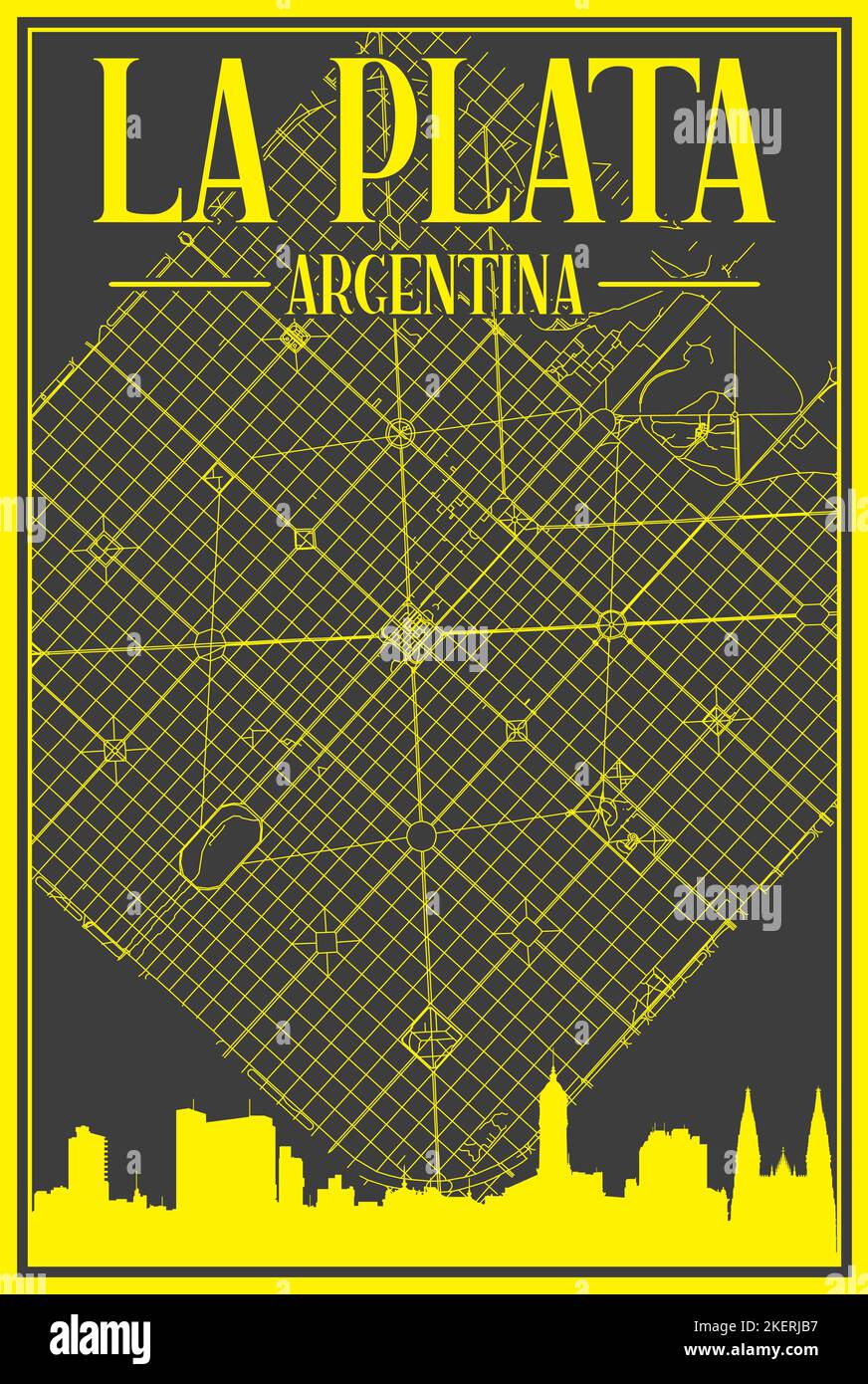 Black and yellow vintage hand-drawn printout streets network map of the ...