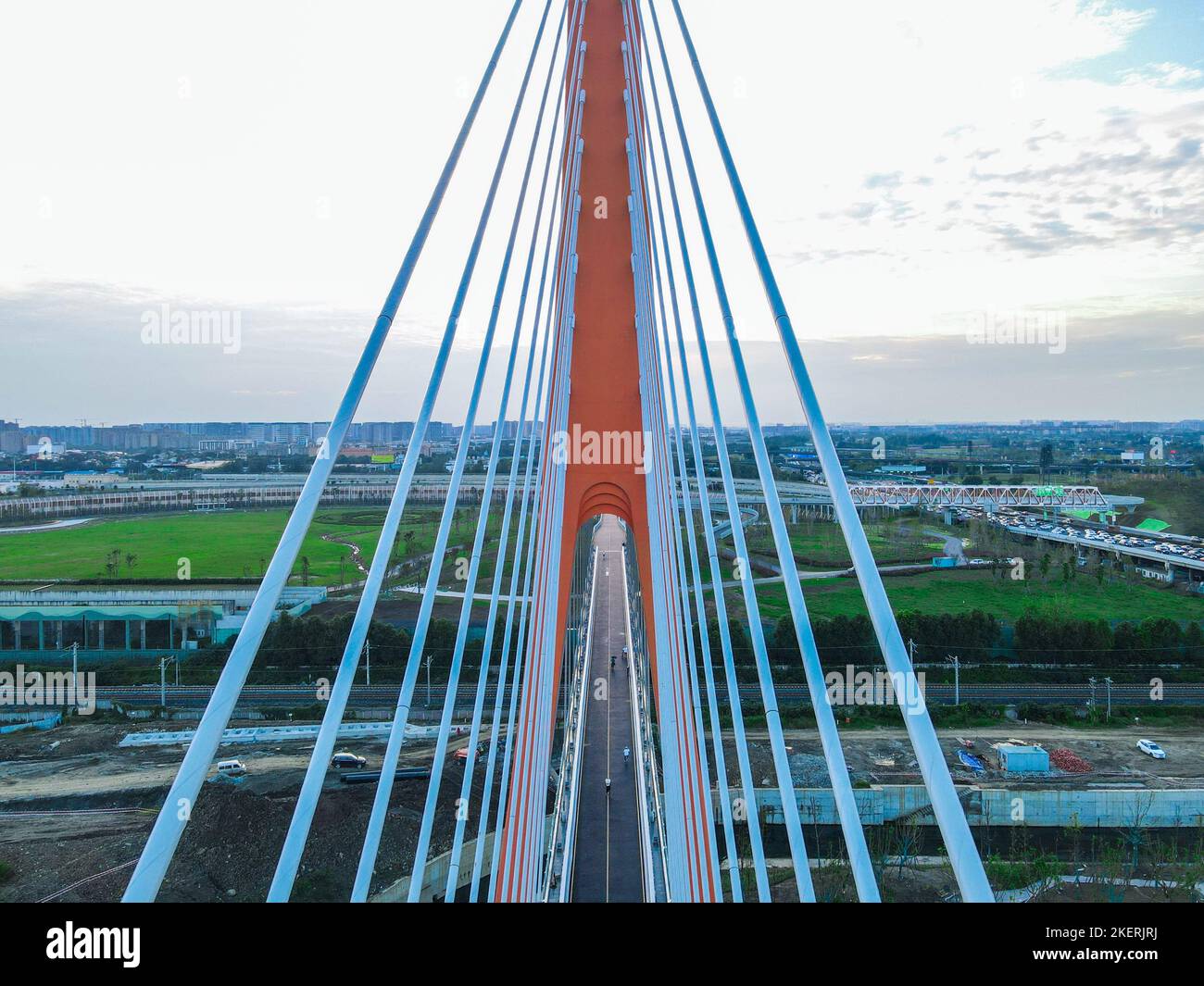 Aerial photos show the Chengkun Bridge which is the largest pedestrian ...