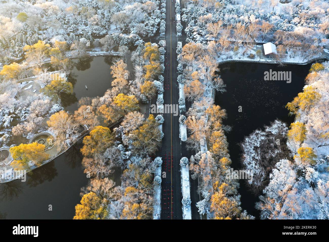 Aerial photo shows the beautiful scenery of Beiling Park after snow in ...
