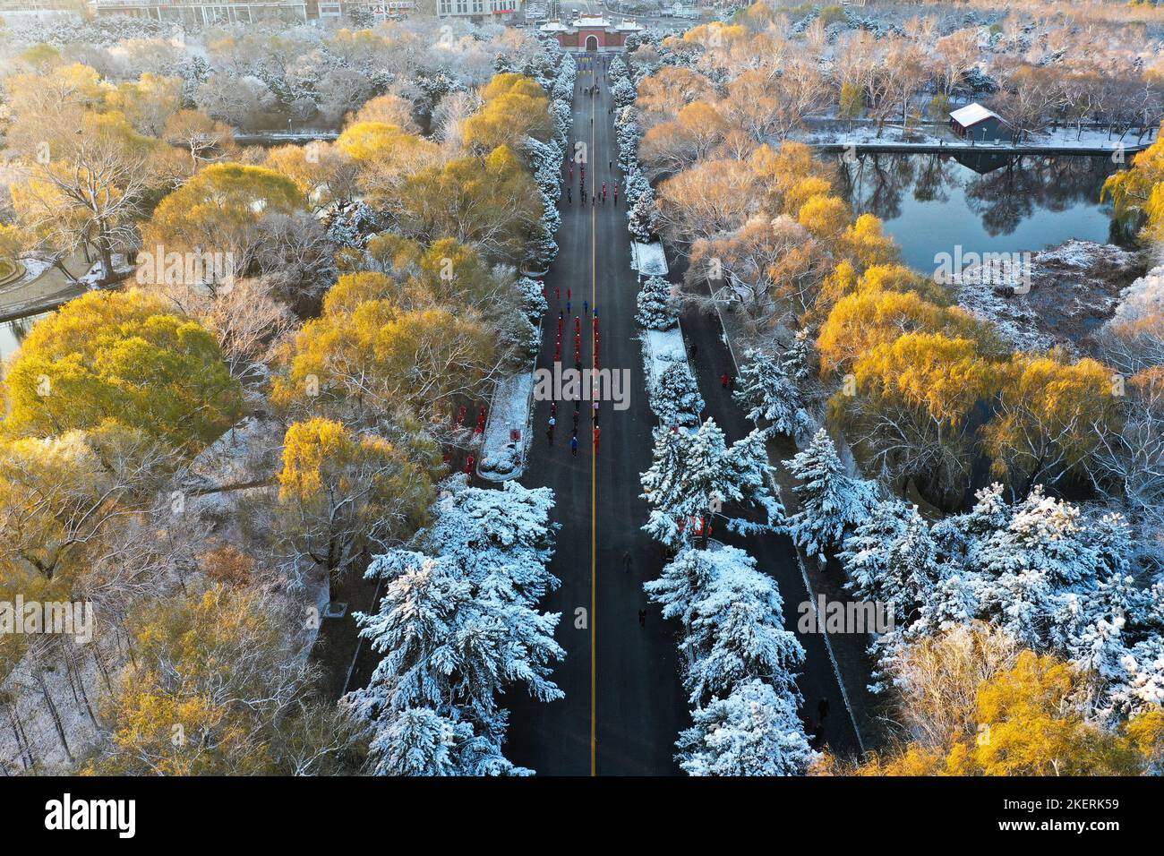 Aerial photo shows the beautiful scenery of Beiling Park after snow in ...