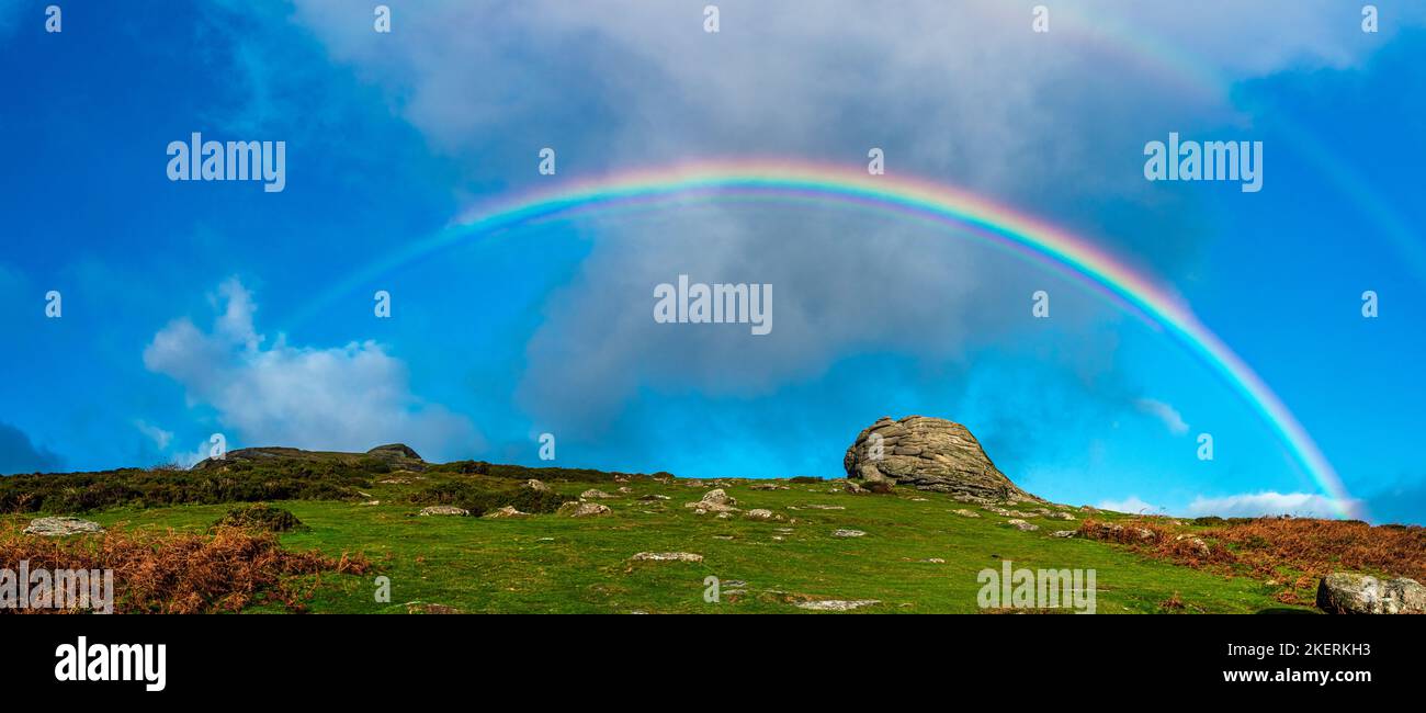 Panorama of Rainbow over Emsworthy Mire, Haytor Rocks, Haytor Vale ...