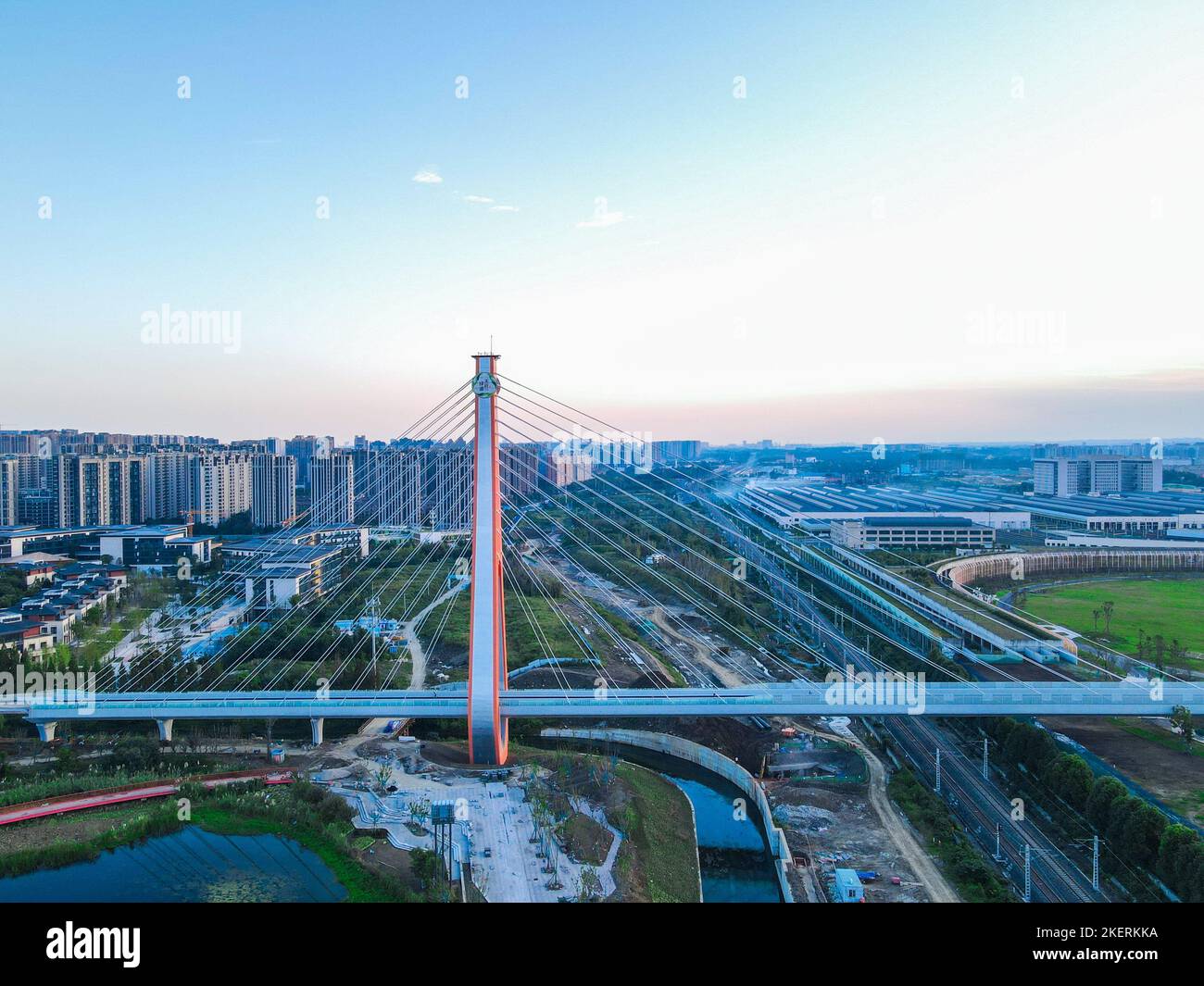 Aerial photos show the Chengkun Bridge which is the largest pedestrian ...