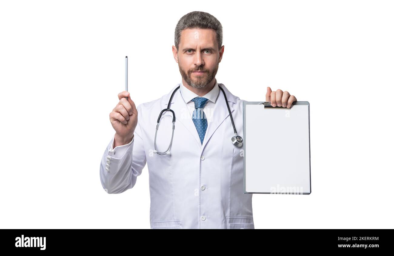 physician showing clinical record. doctor isolated on white with ...