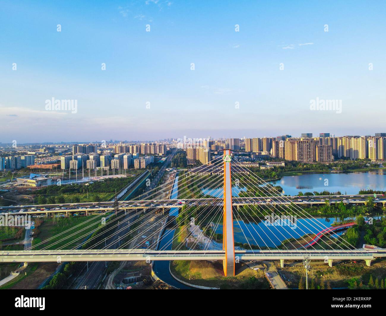 Aerial photos show the Chengkun Bridge which is the largest pedestrian ...
