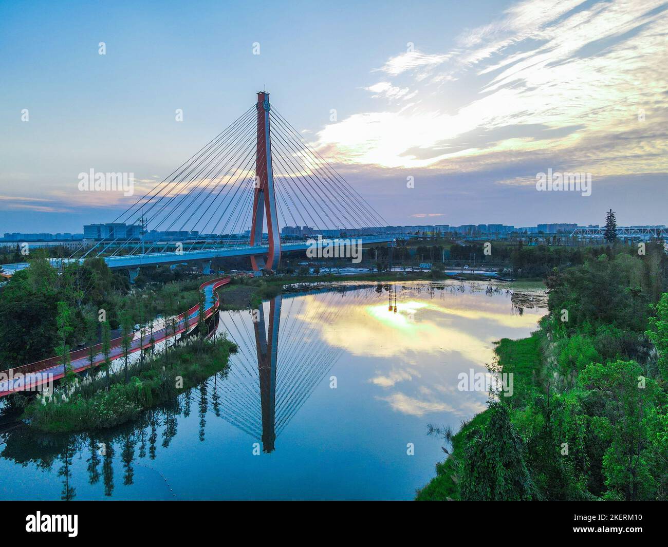 Aerial photos show the Chengkun Bridge which is the largest pedestrian ...
