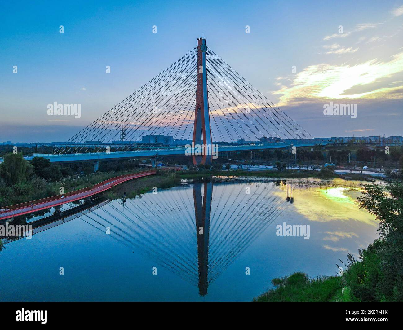 Aerial photos show the Chengkun Bridge which is the largest pedestrian ...