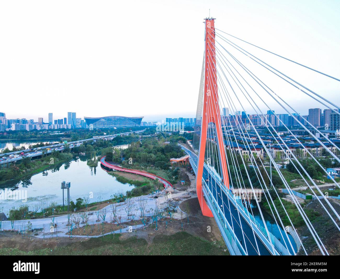 Aerial photos show the Chengkun Bridge which is the largest pedestrian ...