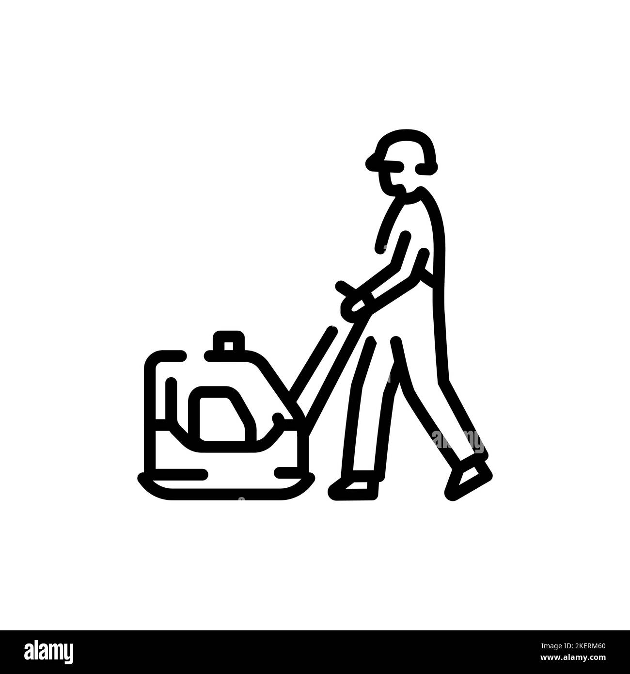 Worker with vibrating plate olor line icon. Road construction ...