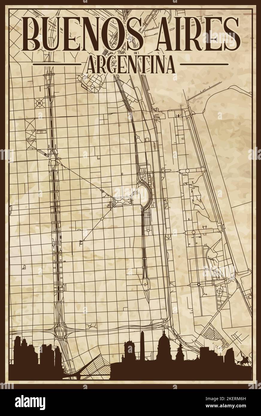 Brown vintage hand-drawn printout streets network map of the downtown BUENOS AIRES, ARGENTINA ...