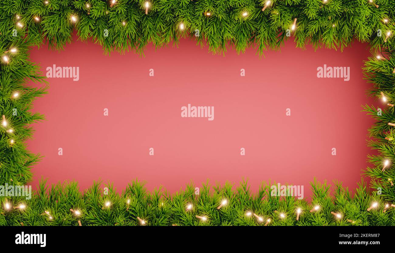 3D illustration of green coniferous trees with fairy lights forming ...
