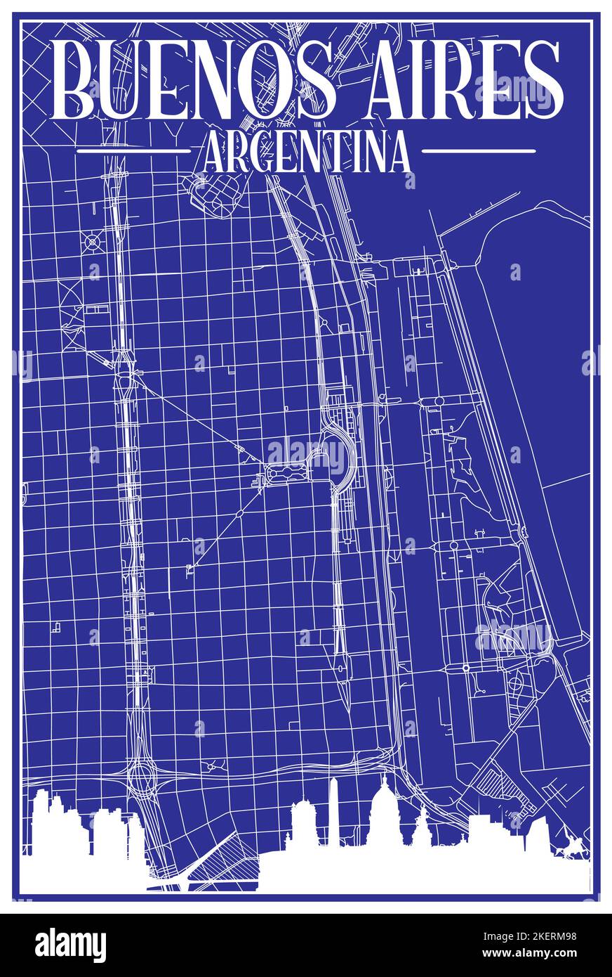 Blue vintage hand-drawn printout streets network map of the downtown ...