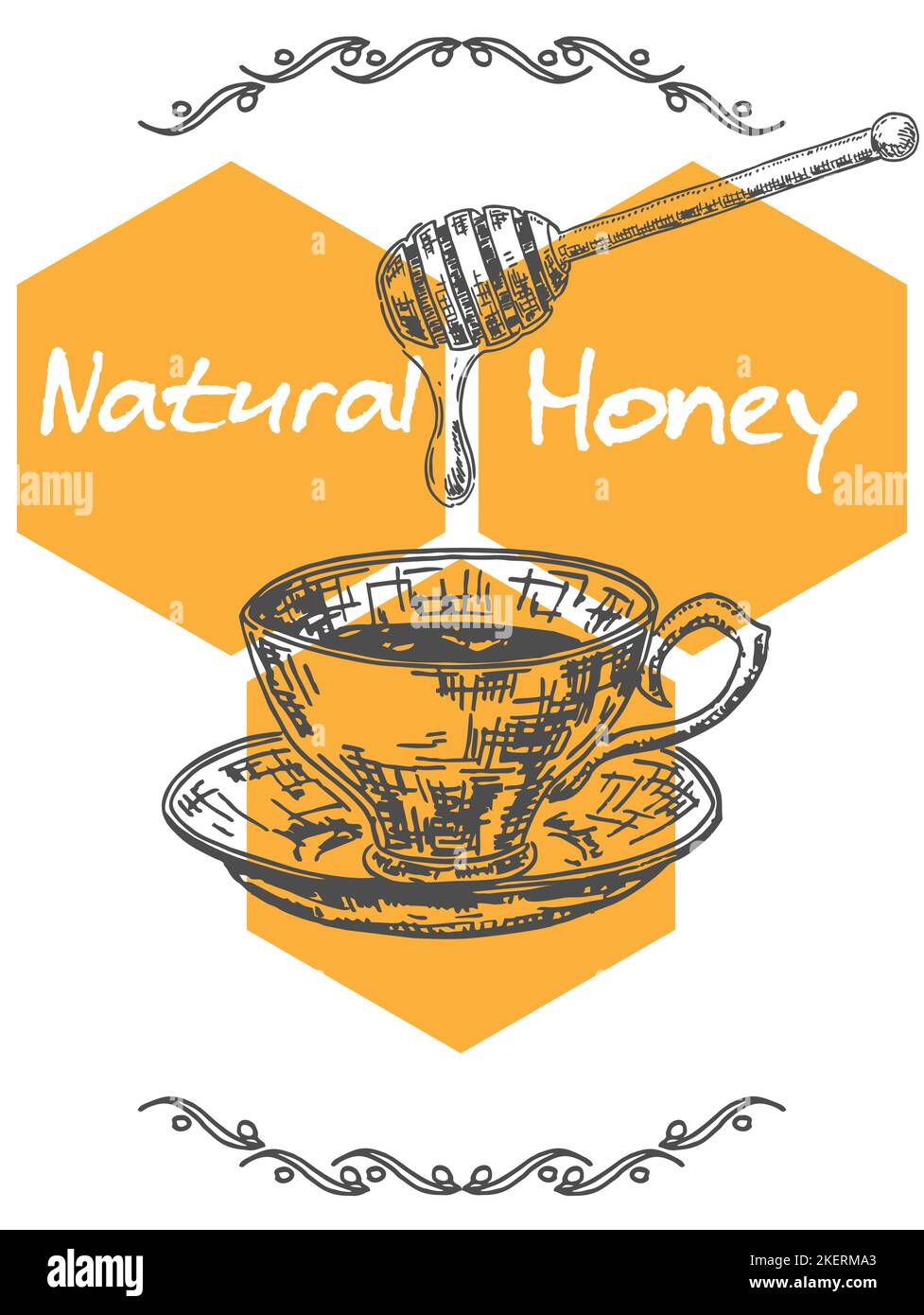 Natural bee honey package card label design vector. Food poster with ...