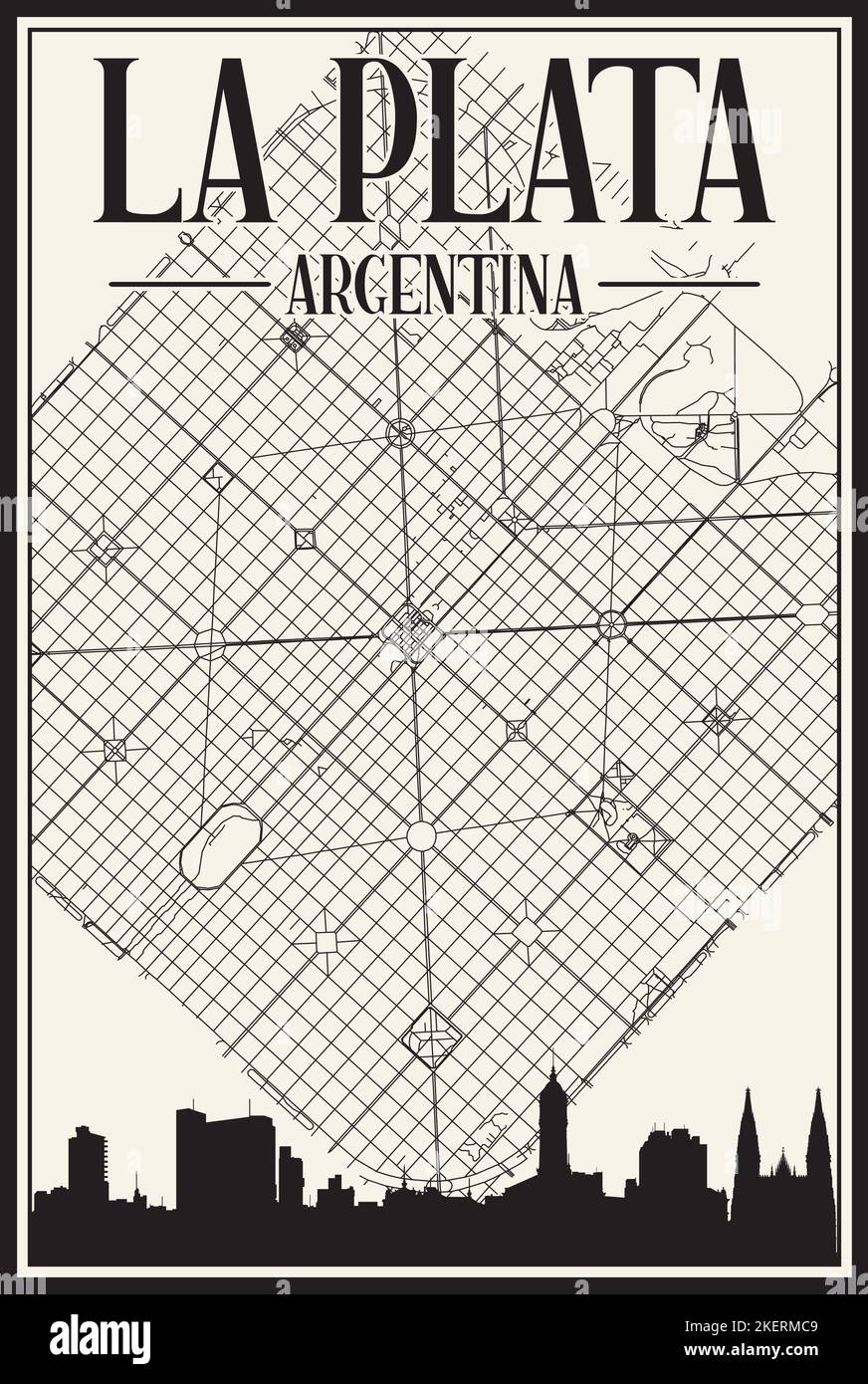White vintage hand-drawn printout streets network map of the downtown ...