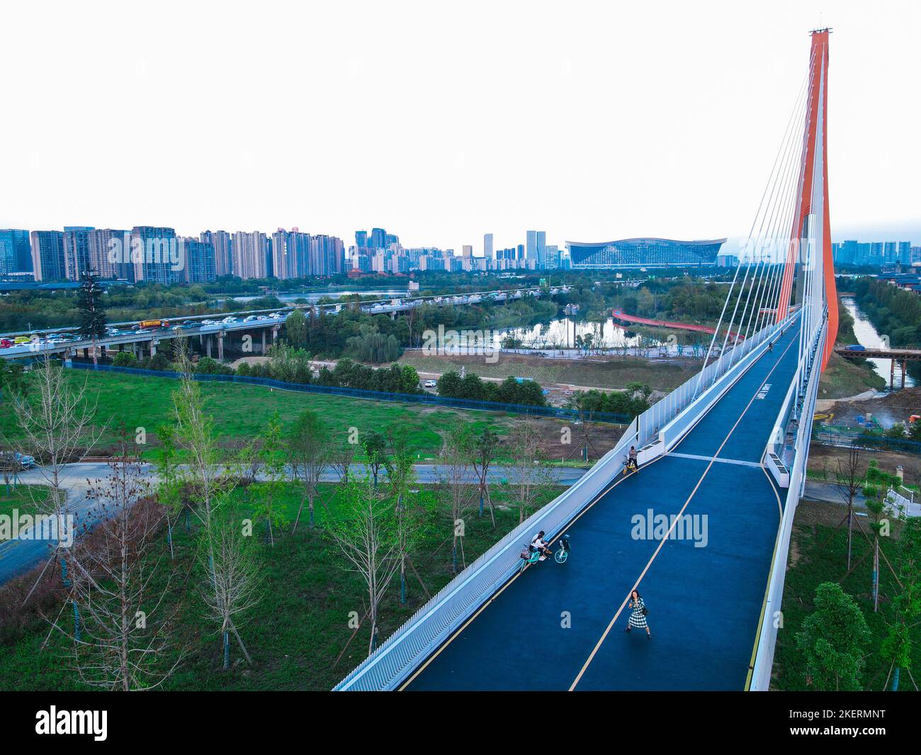 Aerial photos show the Chengkun Bridge which is the largest pedestrian ...