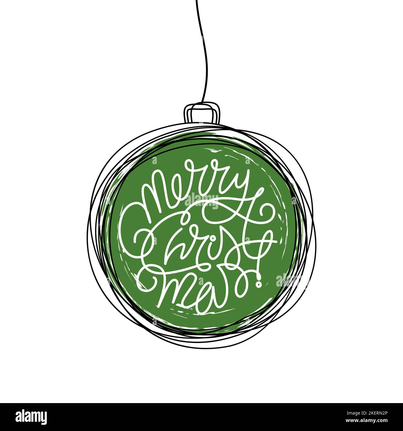 Hand drawn Merry Christmas lettering element in scribble pine tree ball ...