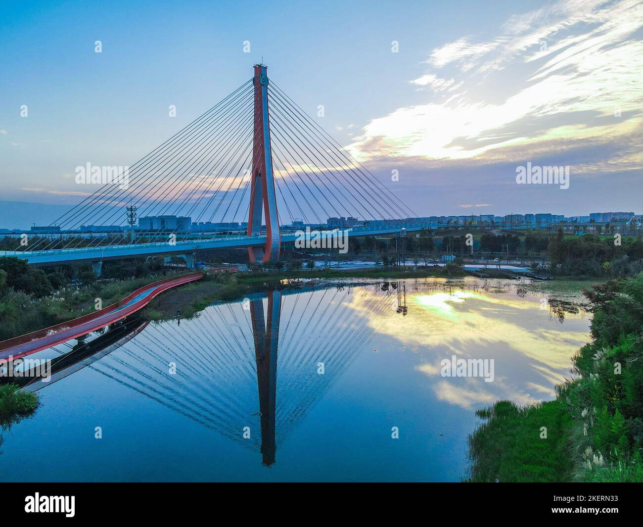 Aerial photos show the Chengkun Bridge which is the largest pedestrian ...