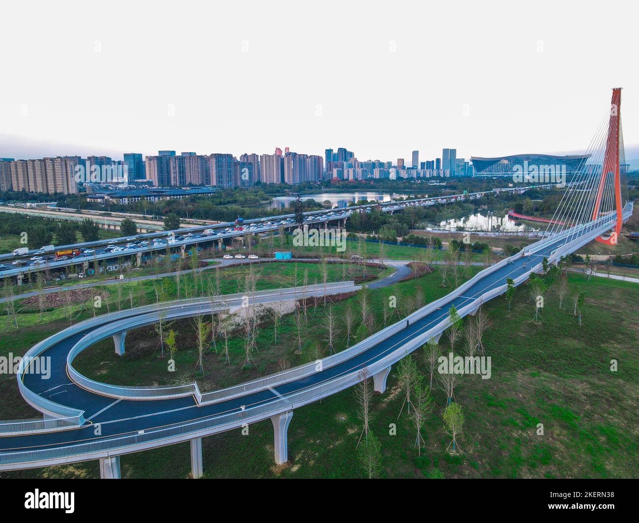 Aerial photos show the Chengkun Bridge which is the largest pedestrian ...