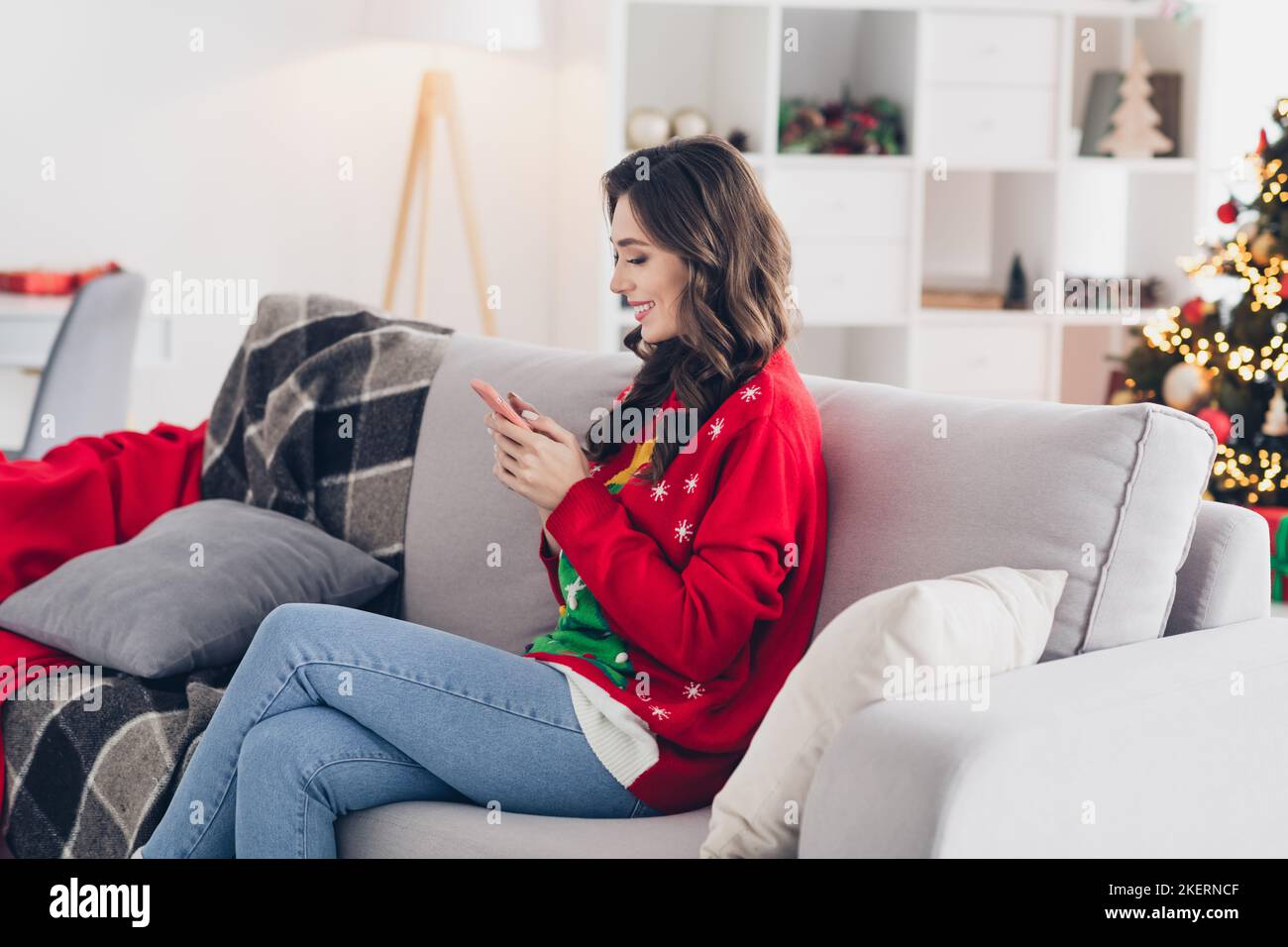 Photo of cute satisfied pretty woman wear red winter comfortable cozy ...