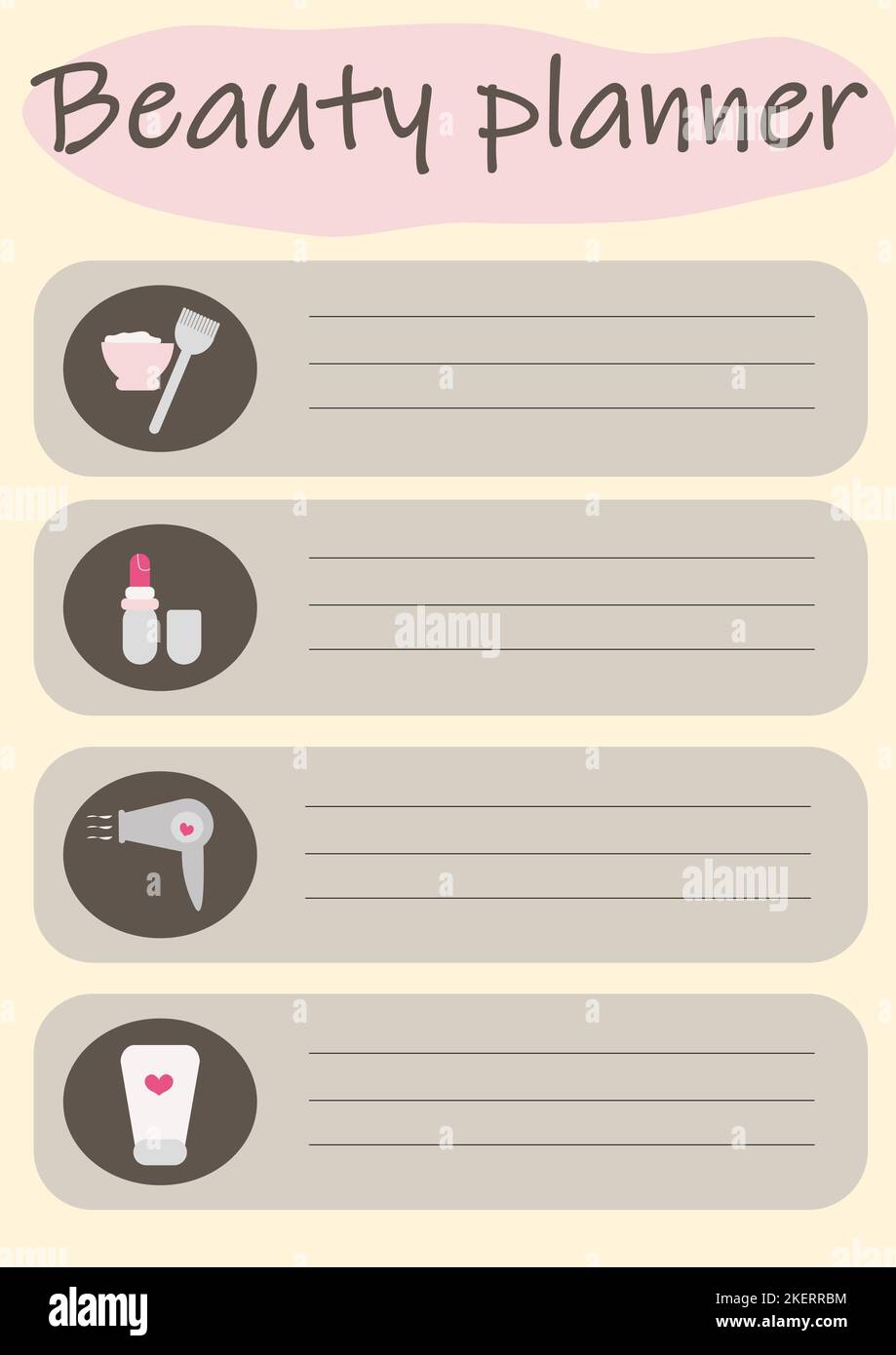 beauty planner printable sheets cosmetology self care Stock Photo - Alamy