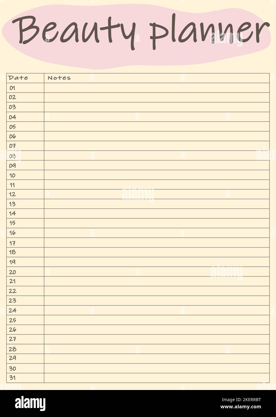 beauty planner printable sheets cosmetology self care Stock Photo - Alamy